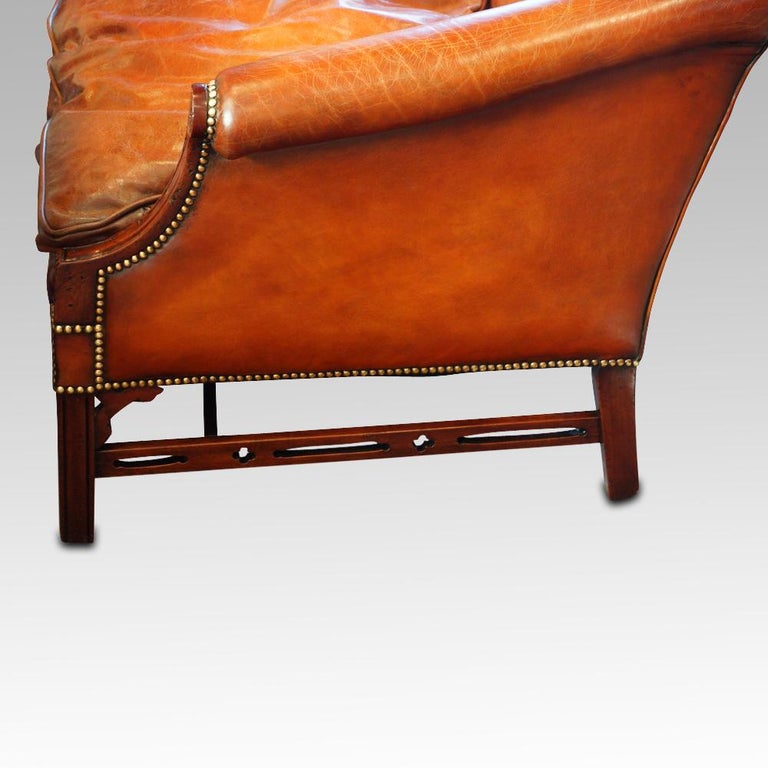 English Edwardian Mahogany grade 1 leather Camel Back Sofa, circa 1920 at 1stDibs