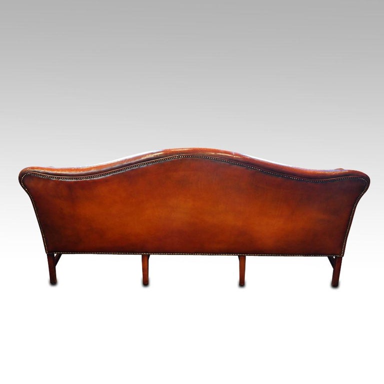 English Edwardian Mahogany grade 1 leather Camel Back Sofa, circa 1920 at 1stDibs