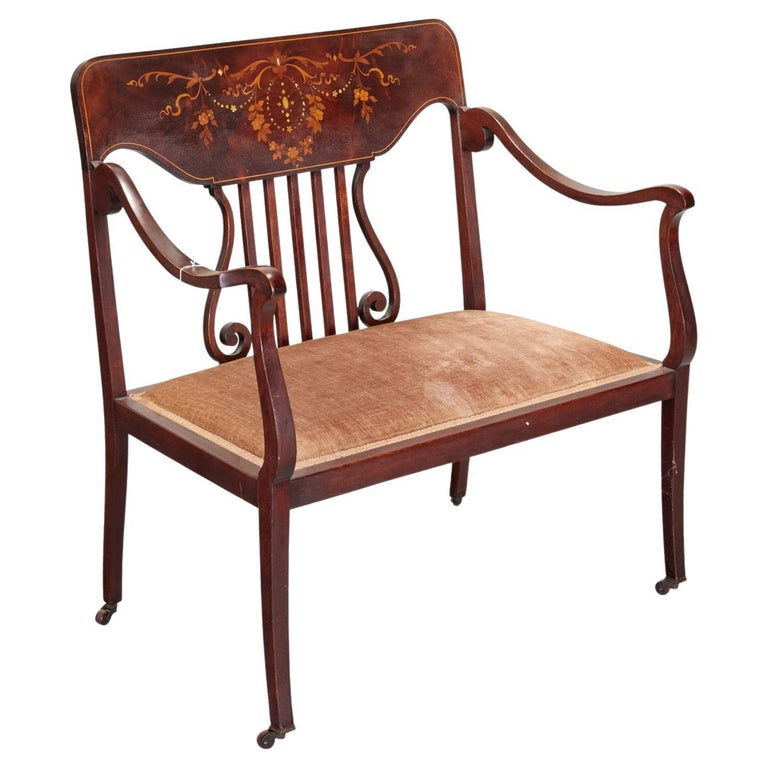 Edwardian Mahogany Settee/Bench with Mother of Pearl and Satinwood ...