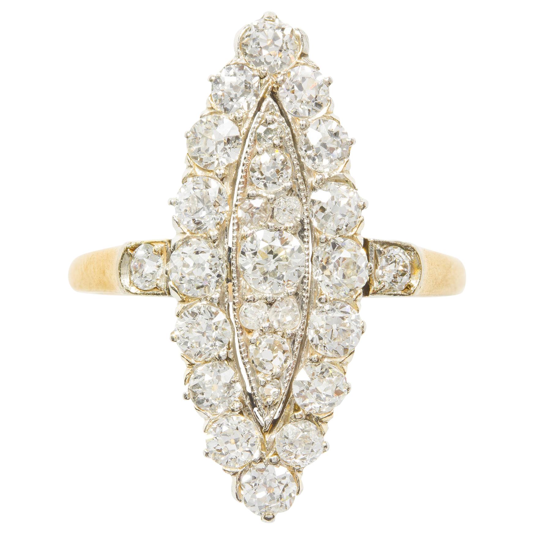 Edwardian Navette Cluster Diamond Ring at 1stDibs