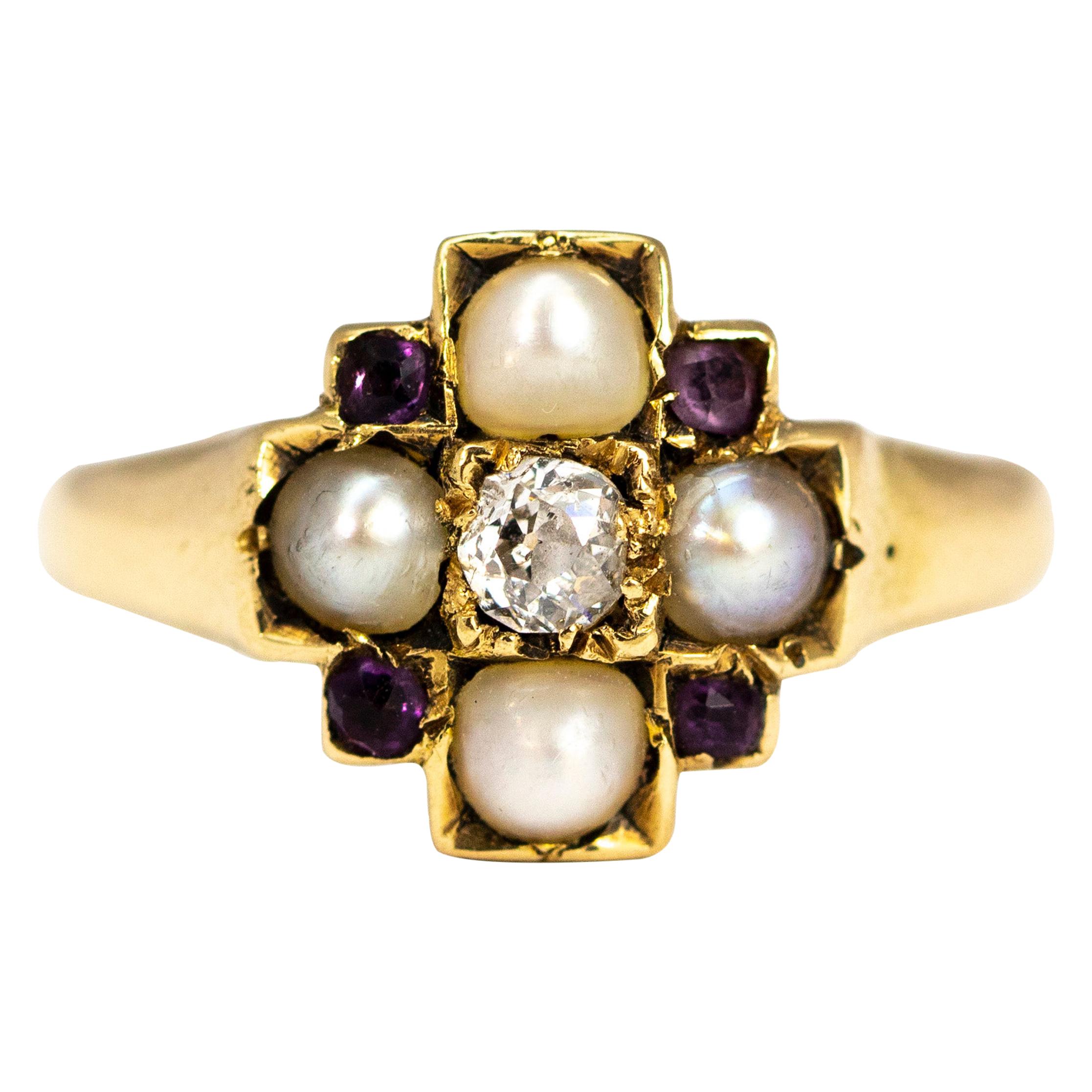 Edwardian Pearl, Diamond and Amethyst 15 Carat Gold Panel Ring at 1stDibs