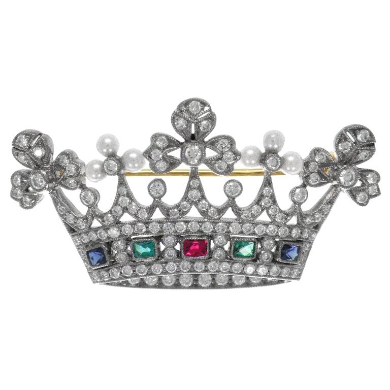 Edwardian Pearl Diamond Multi Gem Set Crown Brooch For Sale at 1stDibs