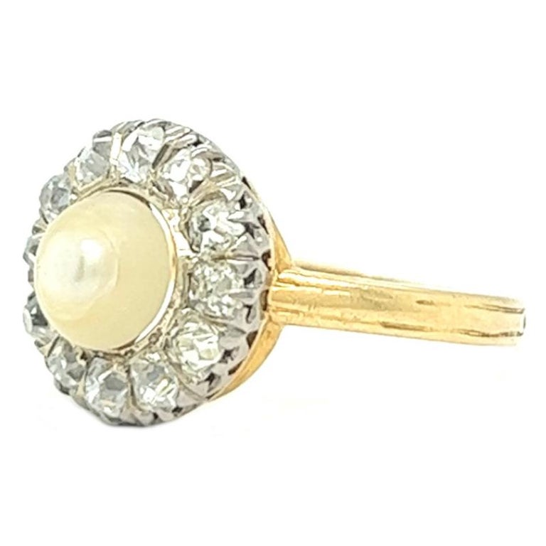 Edwardian Pearl Old Mine Cut Diamonds 18 Karat Yellow Gold Cluster Ring ...