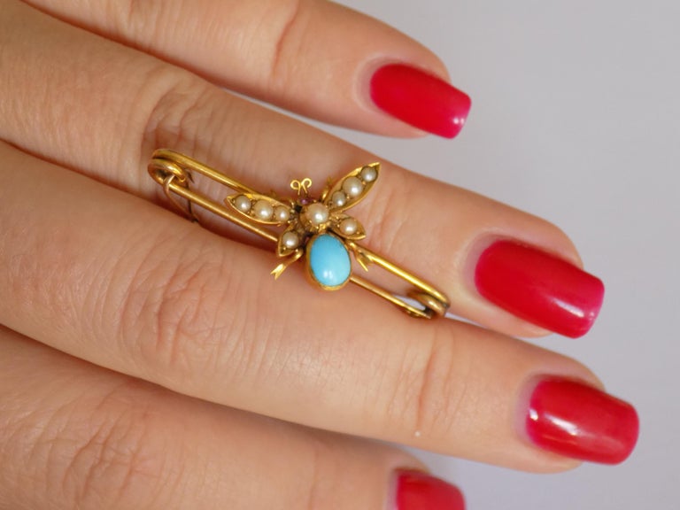 Edwardian Pearl Turquoise Gold Butterfly Bar Brooch For Sale at 1stDibs