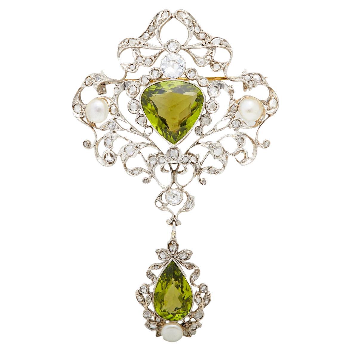 Edwardian Peridot, Pearl, and Diamond Silver 9k Gold Filigree Brooch ...