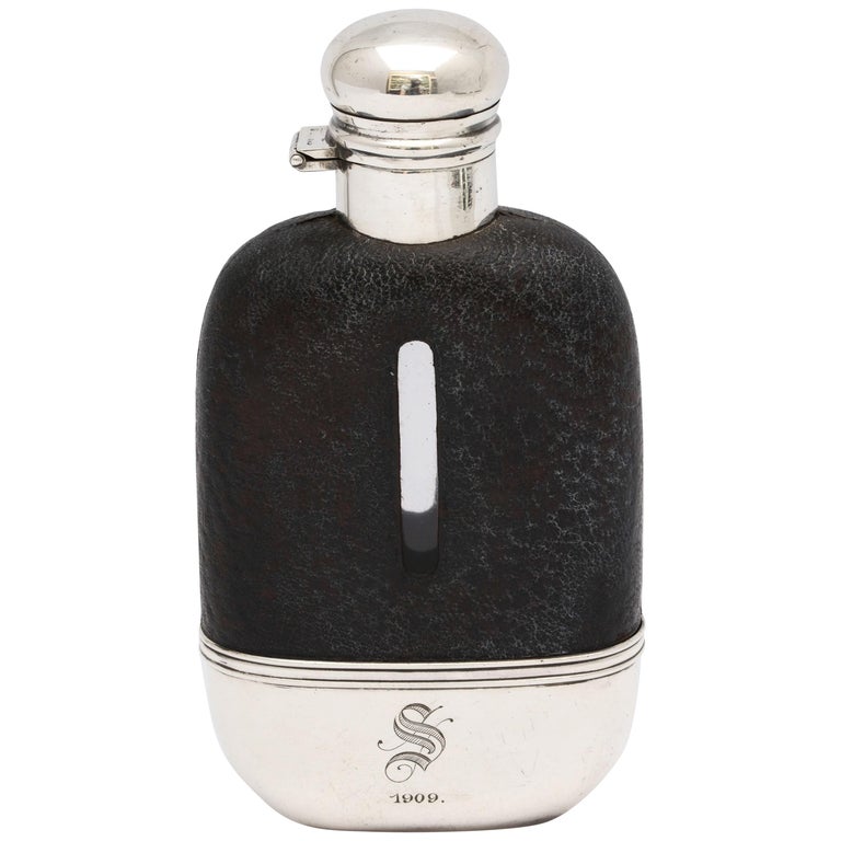 Edwardian Period Sterling Silver and Leather, Mounted Glass Flask at ...