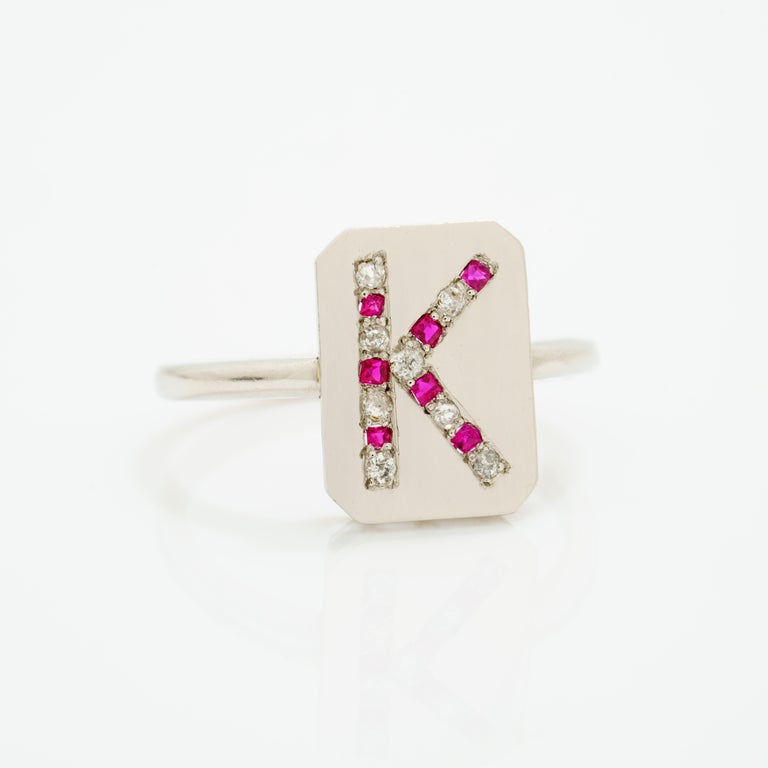 Edwardian Platinum and Ruby and Old European Cut Diamond K Initial ...