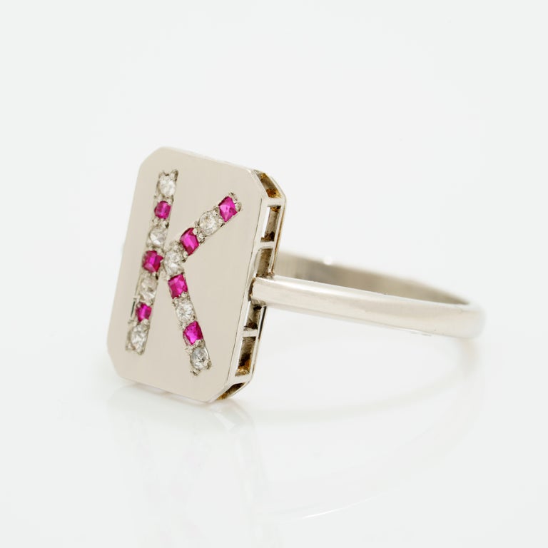 Edwardian Platinum and Ruby and Old European Cut Diamond K Initial ...