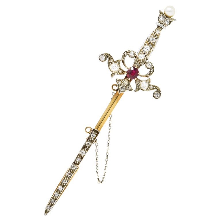 Edwardian Ruby Diamond Platinum 18 Karat Yellow Gold Sword Pendant ...