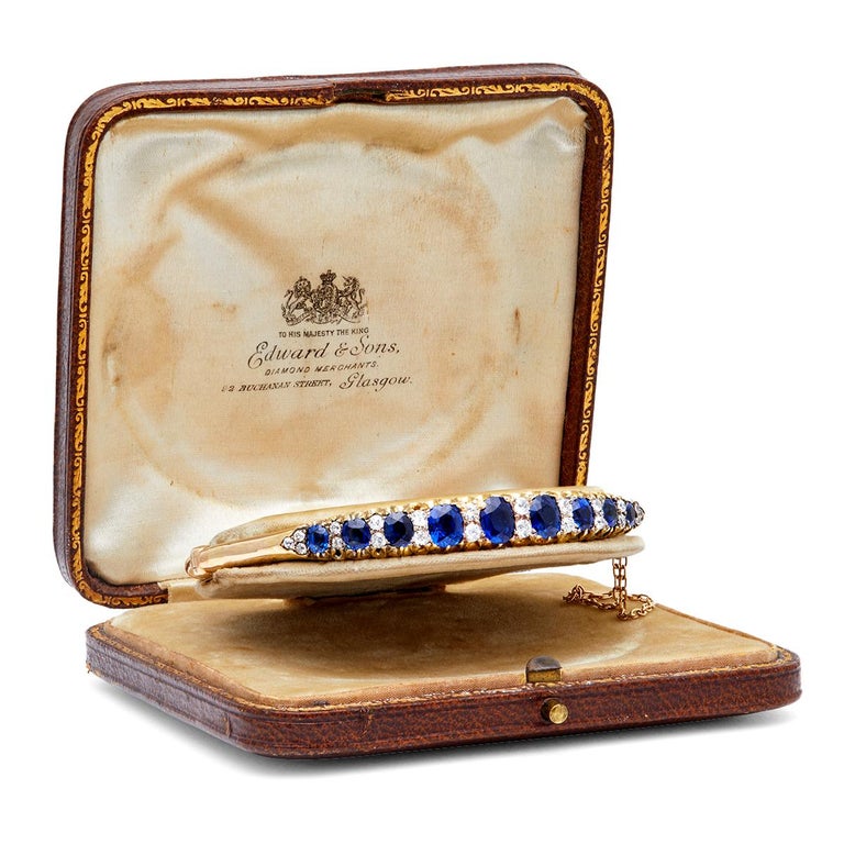 Edwardian Sapphire Diamond 14k Yellow Gold Hinged Cuff Bracelet For ...