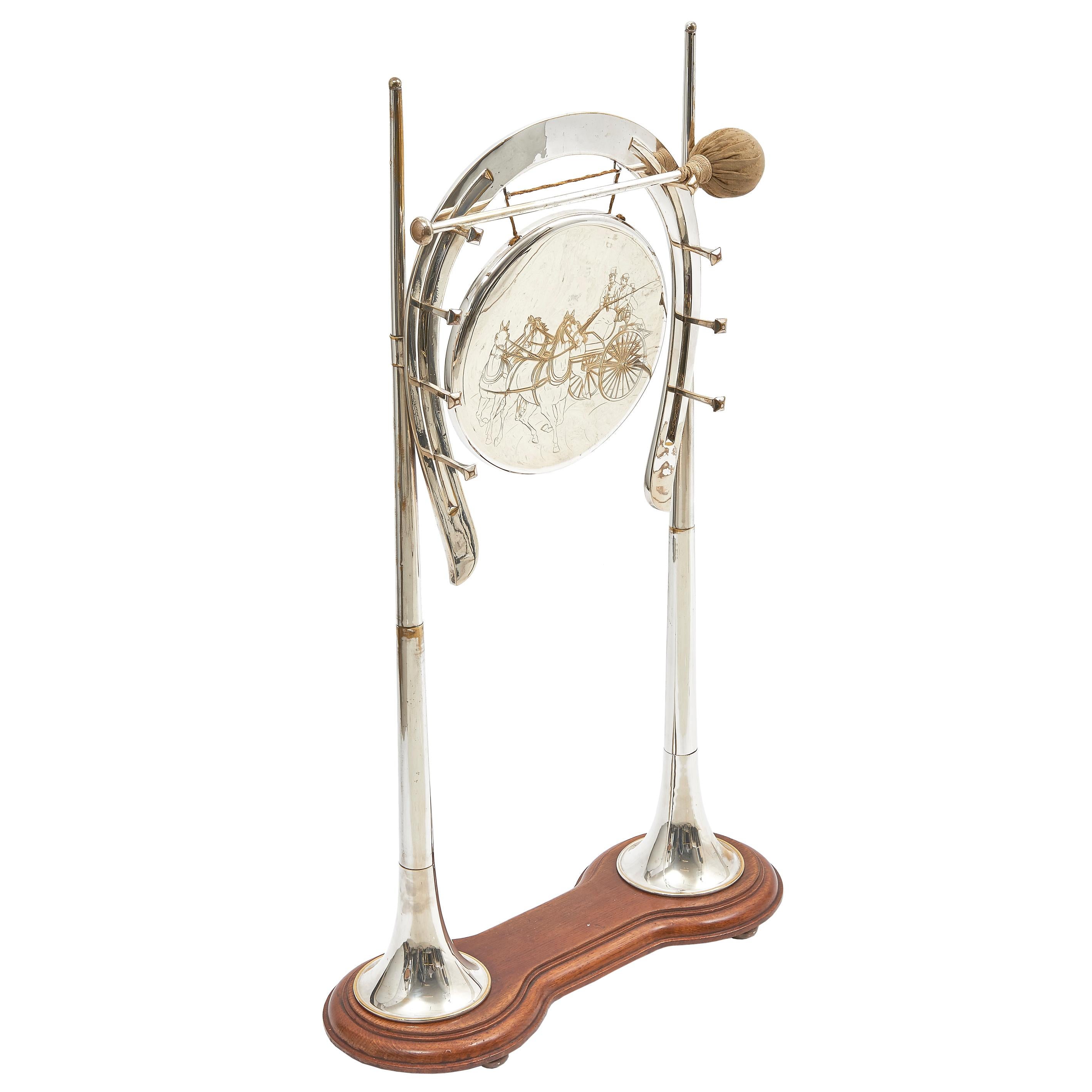 English Vintage Brass and Oak Framed Dinner Gong For Sale at 1stDibs