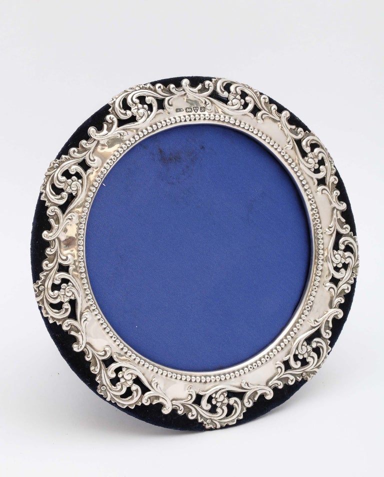 Edwardian Sterling Silver Round Picture Frame Mounted on Dark Blue ...