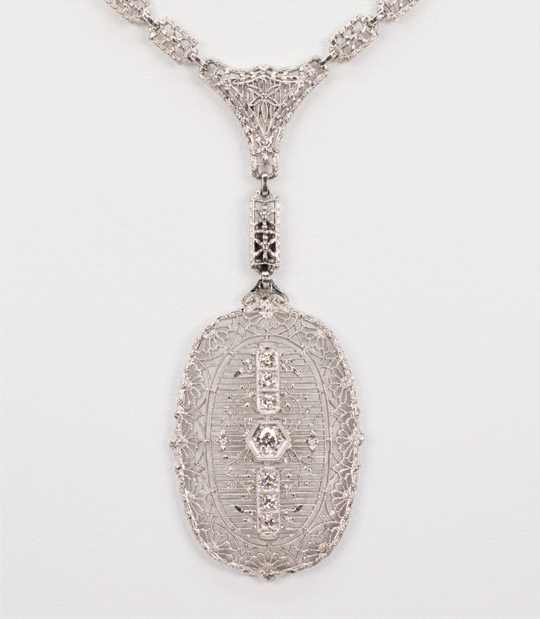 Edwardian Style Platinum White Gold Portrait Pendant Necklace w Diamond ...
