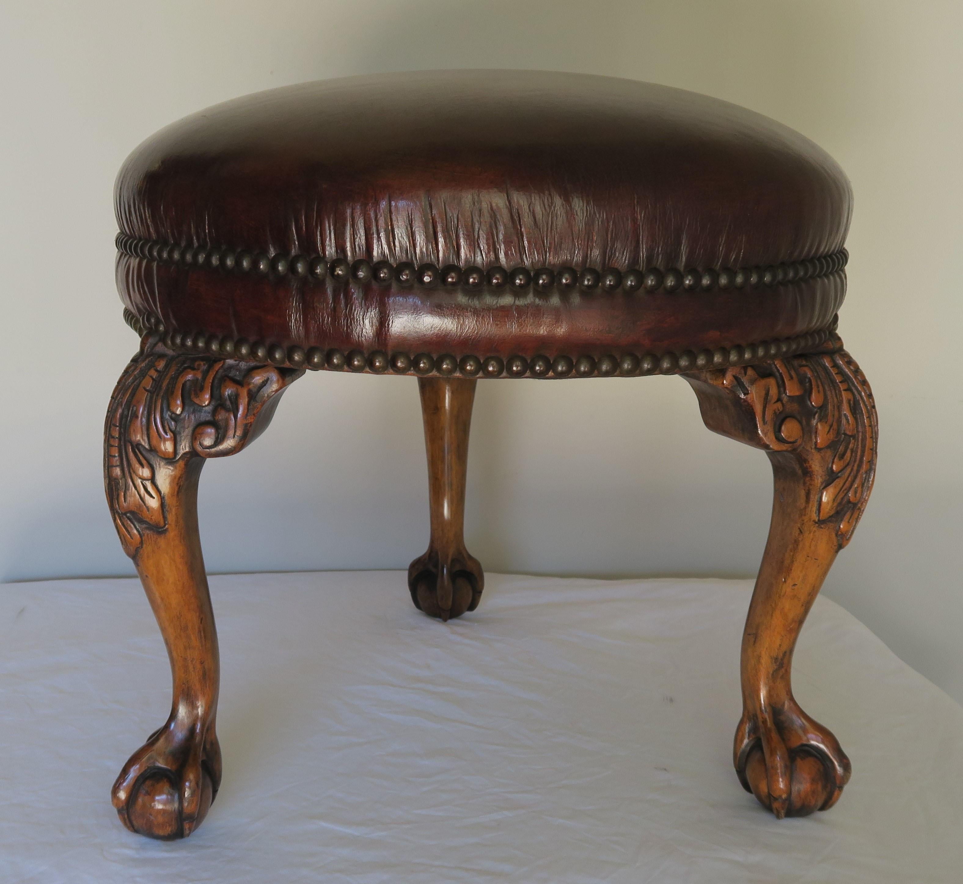 Edwardian Style Round Leather Bench with Ball and Claw Feet at 1stDibs