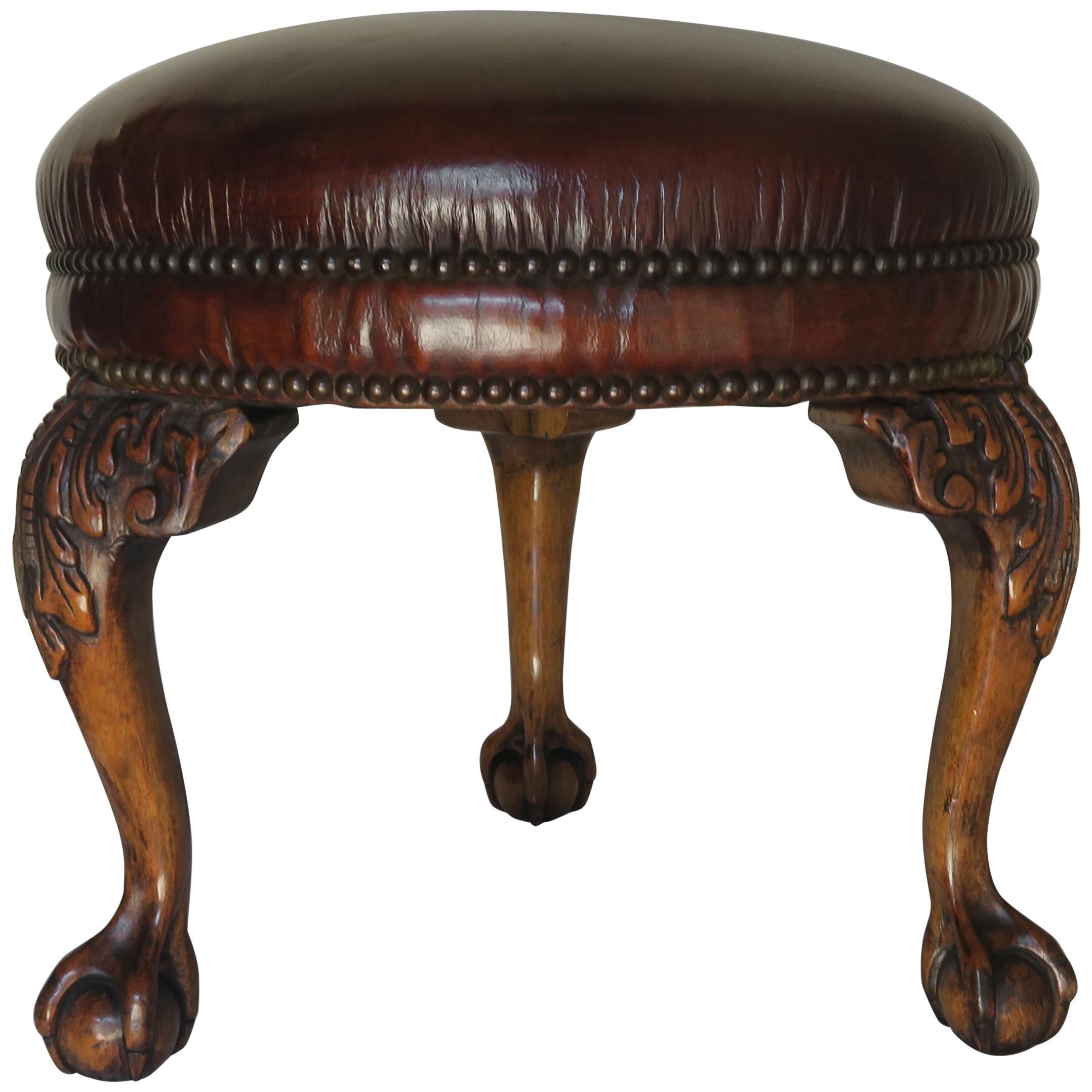 Edwardian Style Round Leather Bench with Ball and Claw Feet at 1stDibs