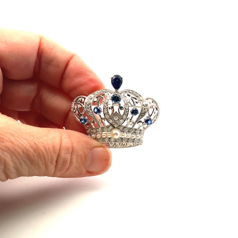 Edwardian-Styled Platinum Crown Brooch with Sapphires, Diamonds and ...