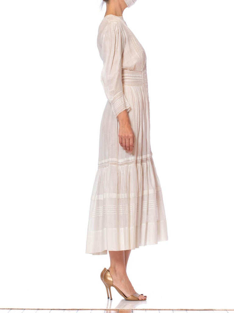 Edwardian White Cotton Voile Midi Length Tea Dress With Greek Key Lace ...