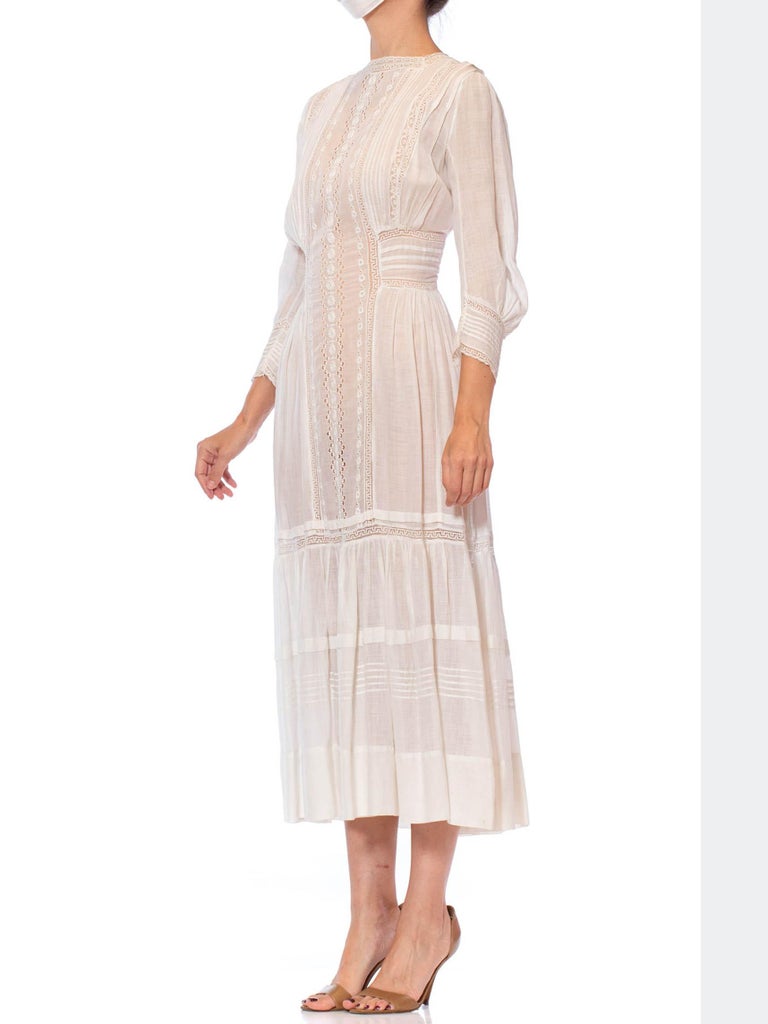 Edwardian White Cotton Voile Midi Length Tea Dress With Greek Key Lace ...