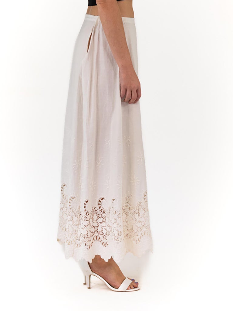 Edwardian White Linen Skirt With Floral Hand Embroidery For Sale at 1stDibs