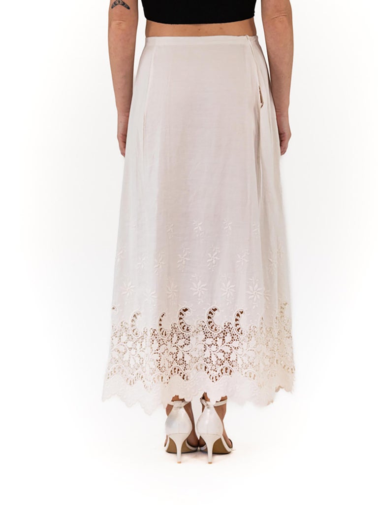 Edwardian White Linen Skirt With Floral Hand Embroidery For Sale at 1stDibs