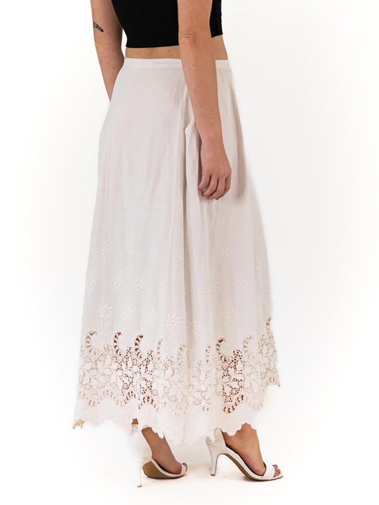 Edwardian White Linen Skirt With Floral Hand Embroidery For Sale at 1stDibs