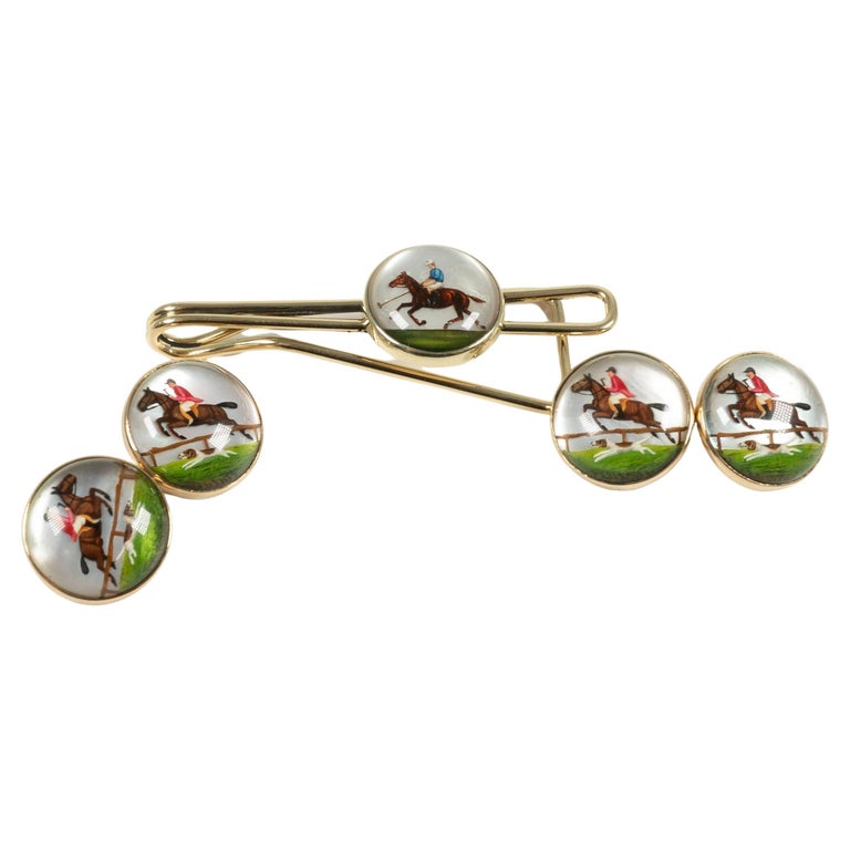 Edwardian Yellow Gold, Reverse Painted Equestrian Cufflinks and Tie ...