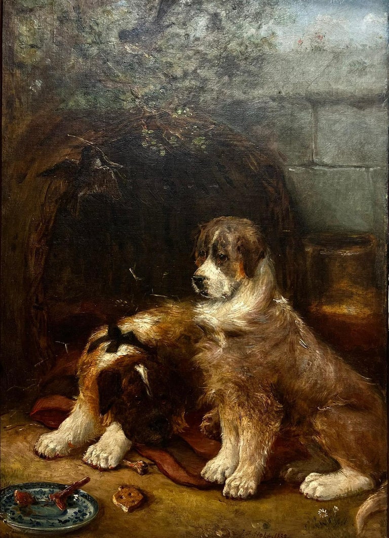 Edwin Frederick Holt - Very Large 19th Century British Dog Oil Painting Two St Bernards Waiting ...