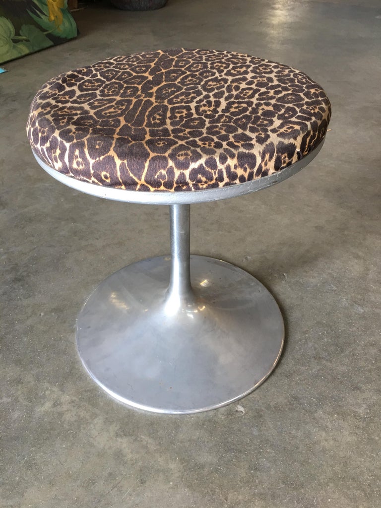 Mid Century Chrome Stool with Leopard Print Seat For Sale at 1stDibs