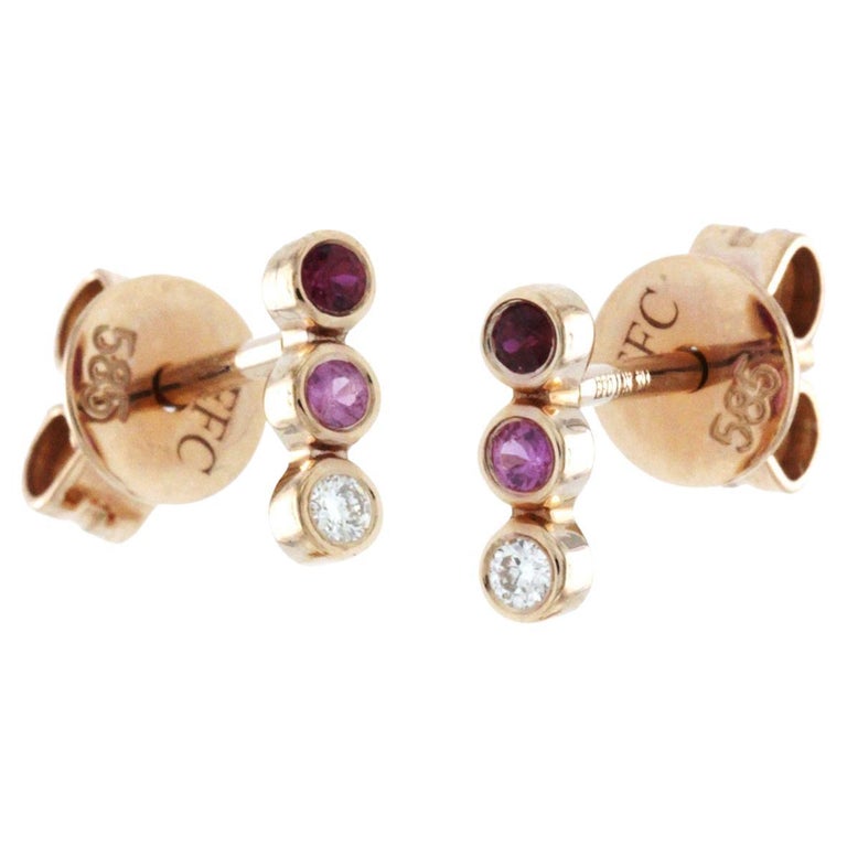 EF Collection 14k Rose Gold Diamond Sapphire Ruby Trio Bezel Stud Earrings For Sale at 1stDibs