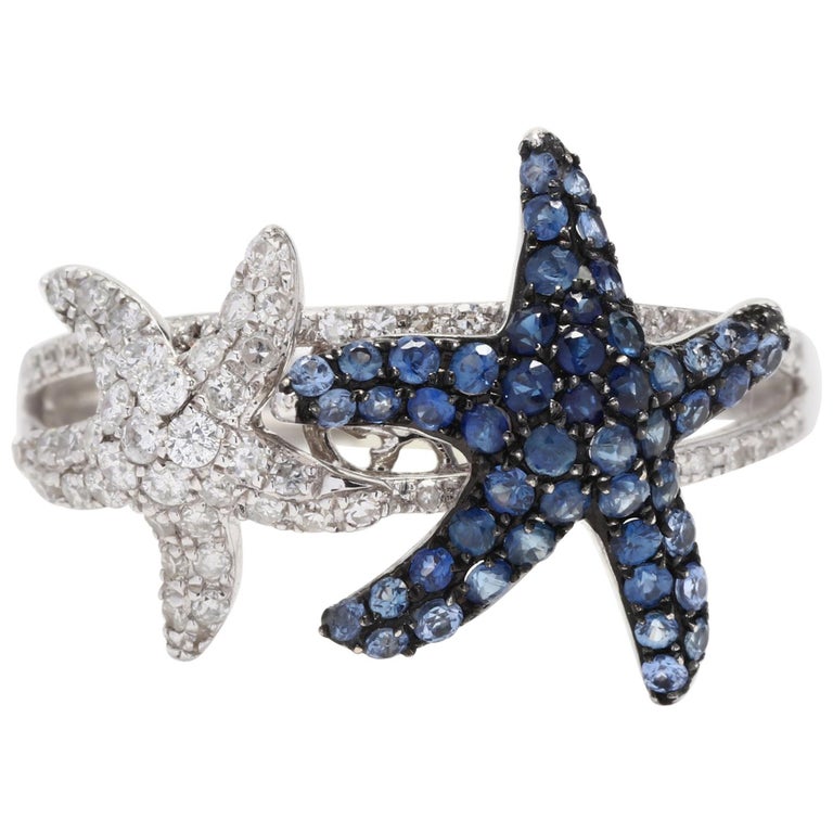 Effy 14 Karat White Gold, Diamond and Sapphire Starfish Ring at 1stDibs
