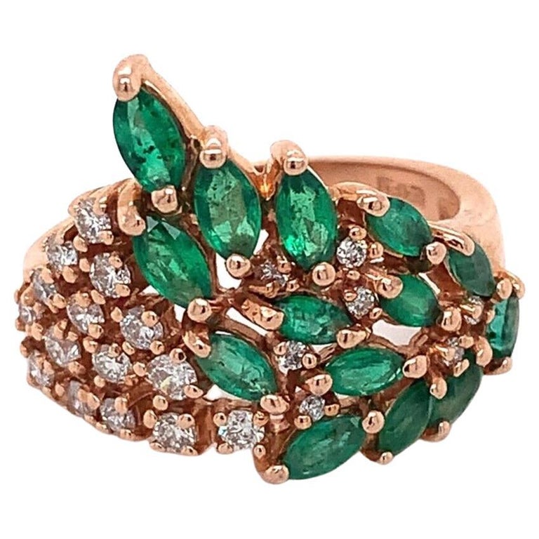 Effy 14k Rose Gold Marquise Green Emerald and Round White Diamond Ring ...