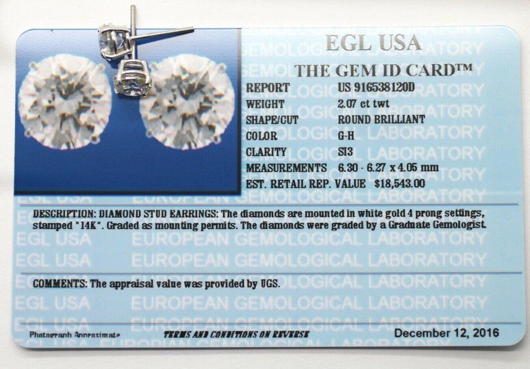 EGL Certificate 2.07 Carat Round G/H SI3 Stud Earrings For Sale at 1stdibs