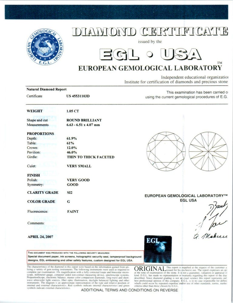 EGL Certified 1.05 Carat Diamond Platinum Engagement Ring For Sale at ...