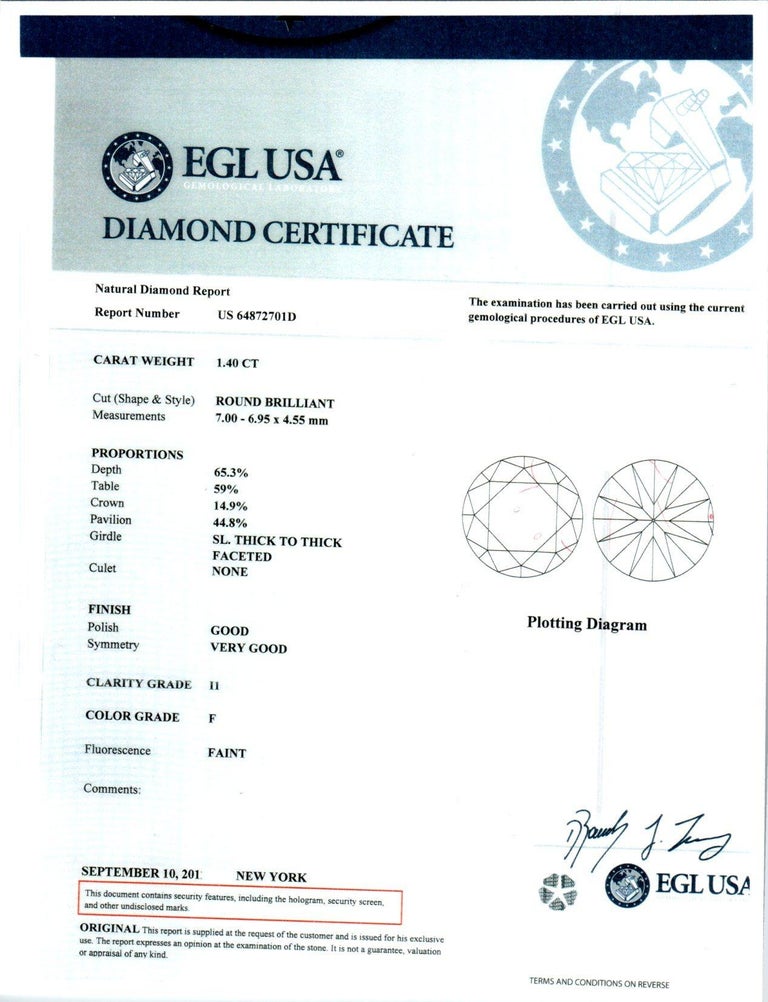 EGL Certified 1.40 Carat Round Brilliant Cut Diamond White Gold ...