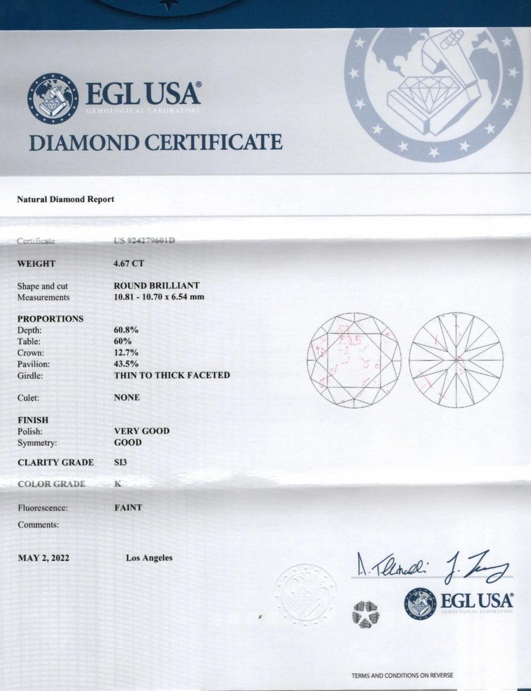 EGL Certified 4.67 Carat Round Diamond Platinum Ring Triple Excellent ...