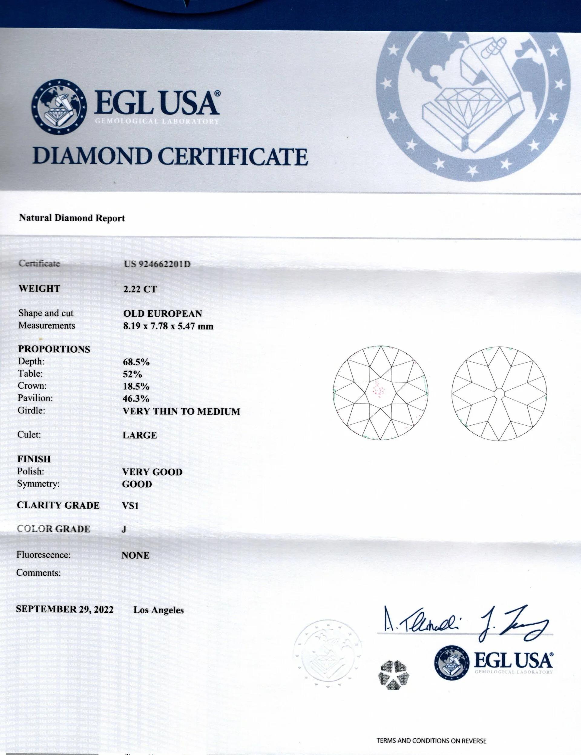 EGL-USA Certified 2.22 Carat 14K Yellow Gold Old European Cut Diamond ...