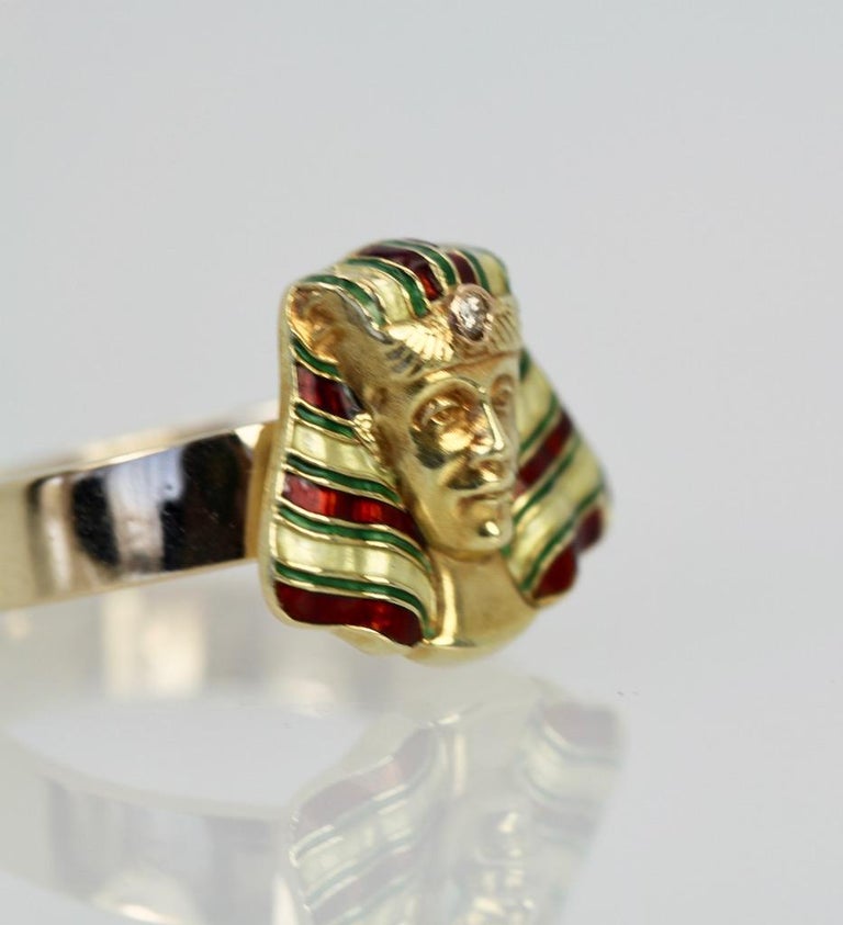 Egyptian Pharaoh 14 Karat Enamel Ring with Diamond in Headress at 1stDibs