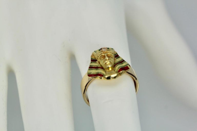 Egyptian Pharaoh 14 Karat Enamel Ring with Diamond in Headress at 1stDibs