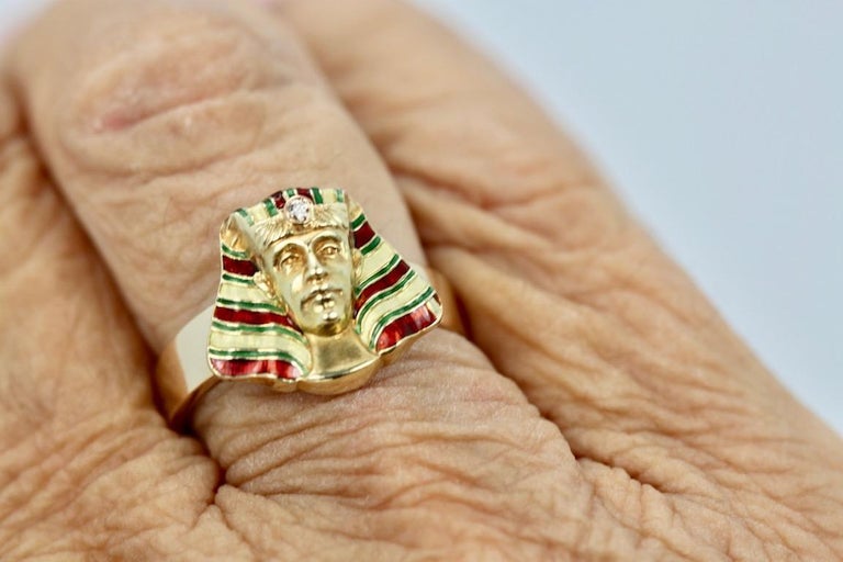 Egyptian Pharaoh 14 Karat Enamel Ring with Diamond in Headress at 1stDibs