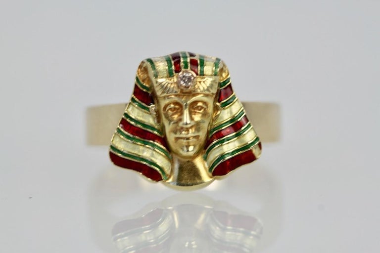 Egyptian Pharaoh 14 Karat Enamel Ring with Diamond in Headress at 1stDibs