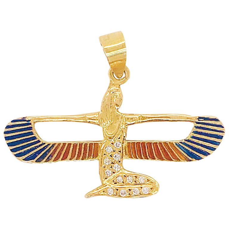 Egyptian Protection Goddess 0.15 Carat Diamond and Enamel Pendant, 14K ...