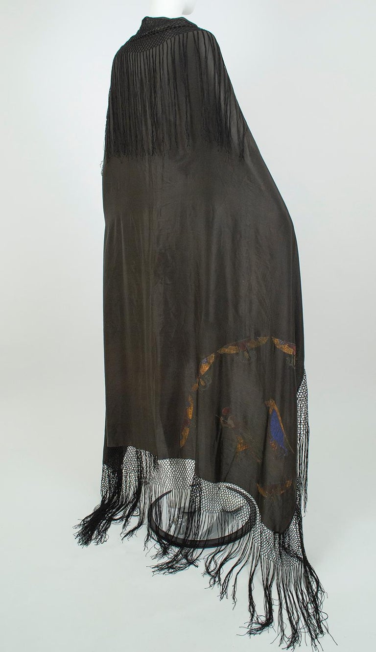 Egyptian Revival Black Silk Piano Shawl Wrap with Hieroglyphs – 54” x ...
