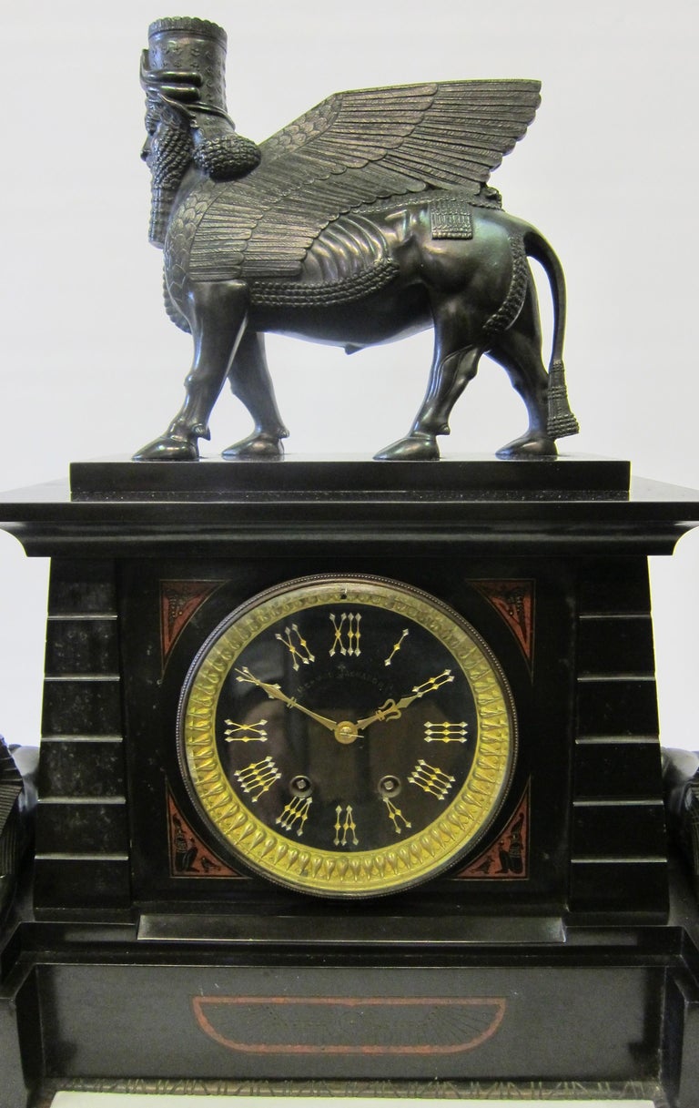 Egyptian Revival Bronze and Marble French Mantle Clock For Sale at 1stDibs