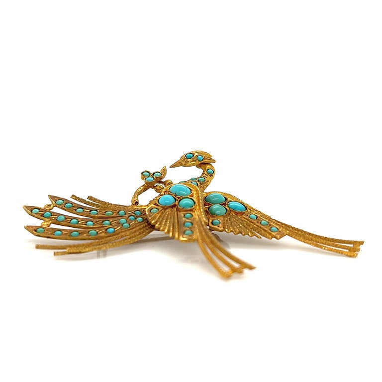Egyptian Revival Golden Phoenix Turquoise Brooch For Sale at 1stDibs