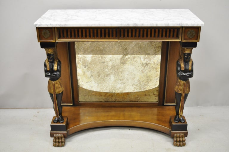 Egyptian Revival Marble Top Figural Carved Ebonized Console Hall Table ...