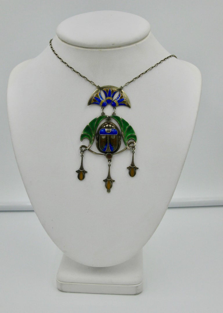 Egyptian Revival Scarab Lotus Necklace Art Deco Sterling Silver Enamel ...