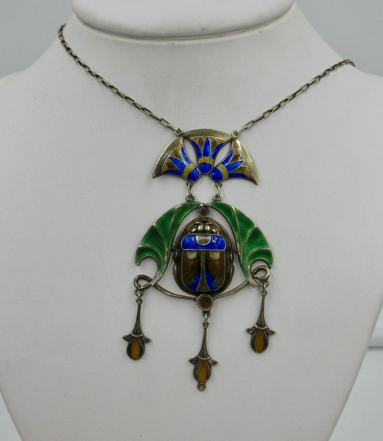 Egyptian Revival Scarab Lotus Necklace Art Deco Sterling Silver Enamel ...