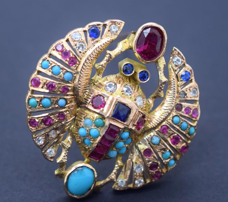 Egyptian Revival Winged Scarab Diamonds Ruby Sapphire Turquoise 18 ...