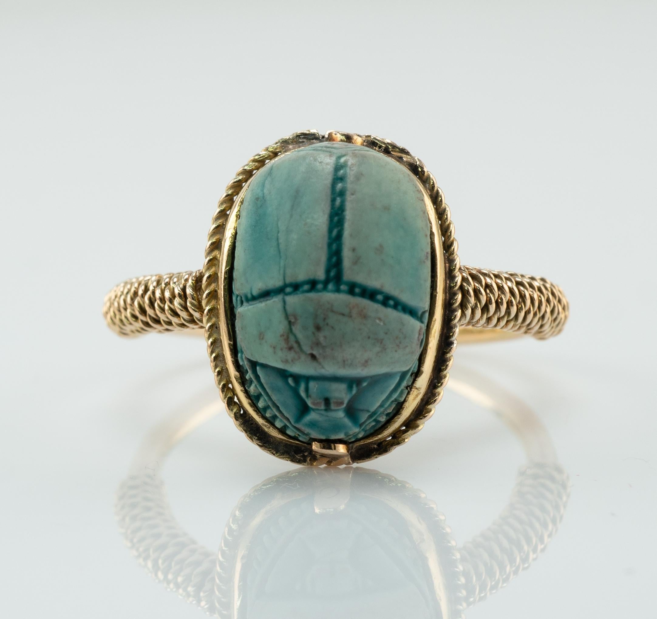Egyptian Turquoise Scarab Ring 14k Gold Vintage For Sale at 1stDibs