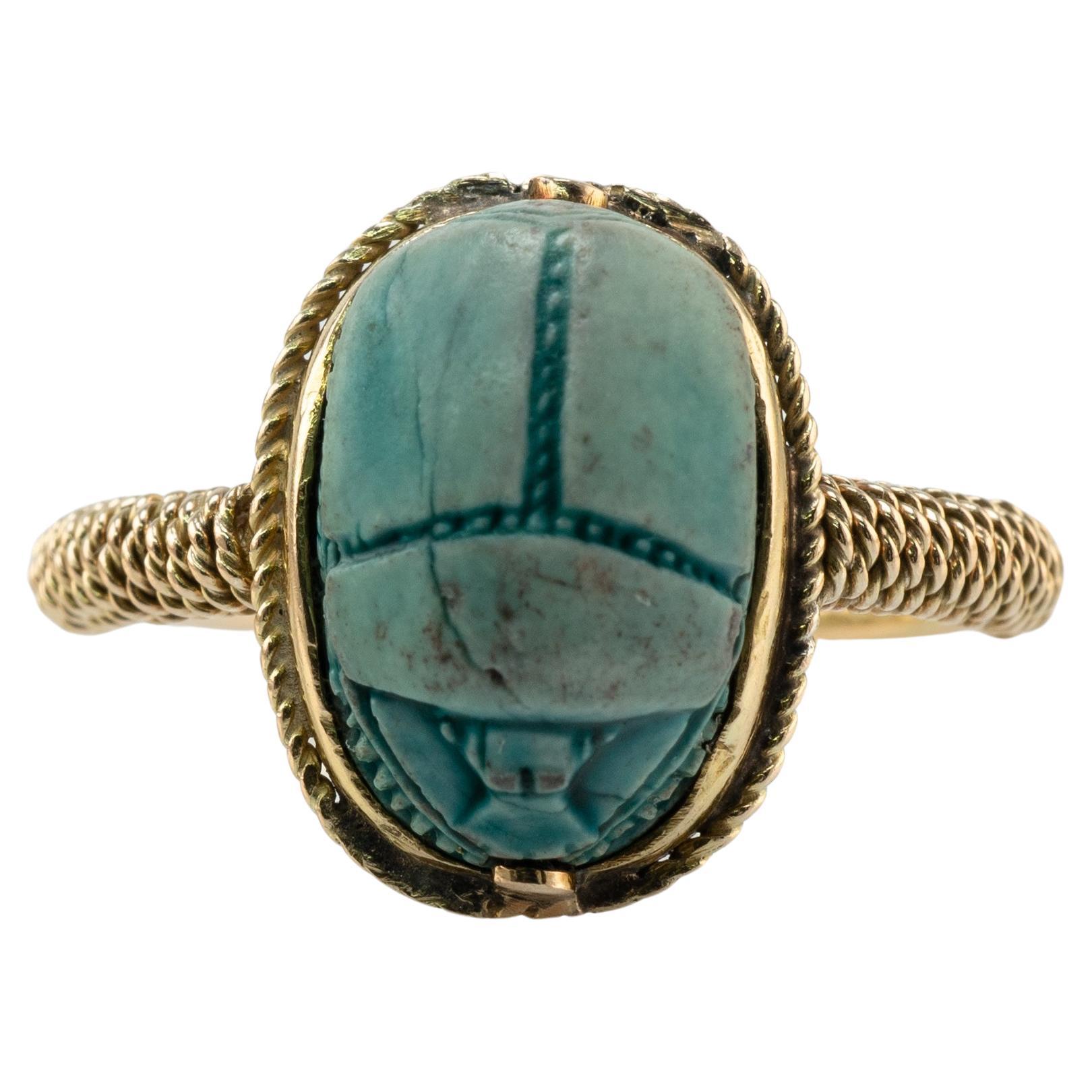 Egyptian Turquoise Scarab Ring 14K Gold Vintage For Sale at 1stDibs